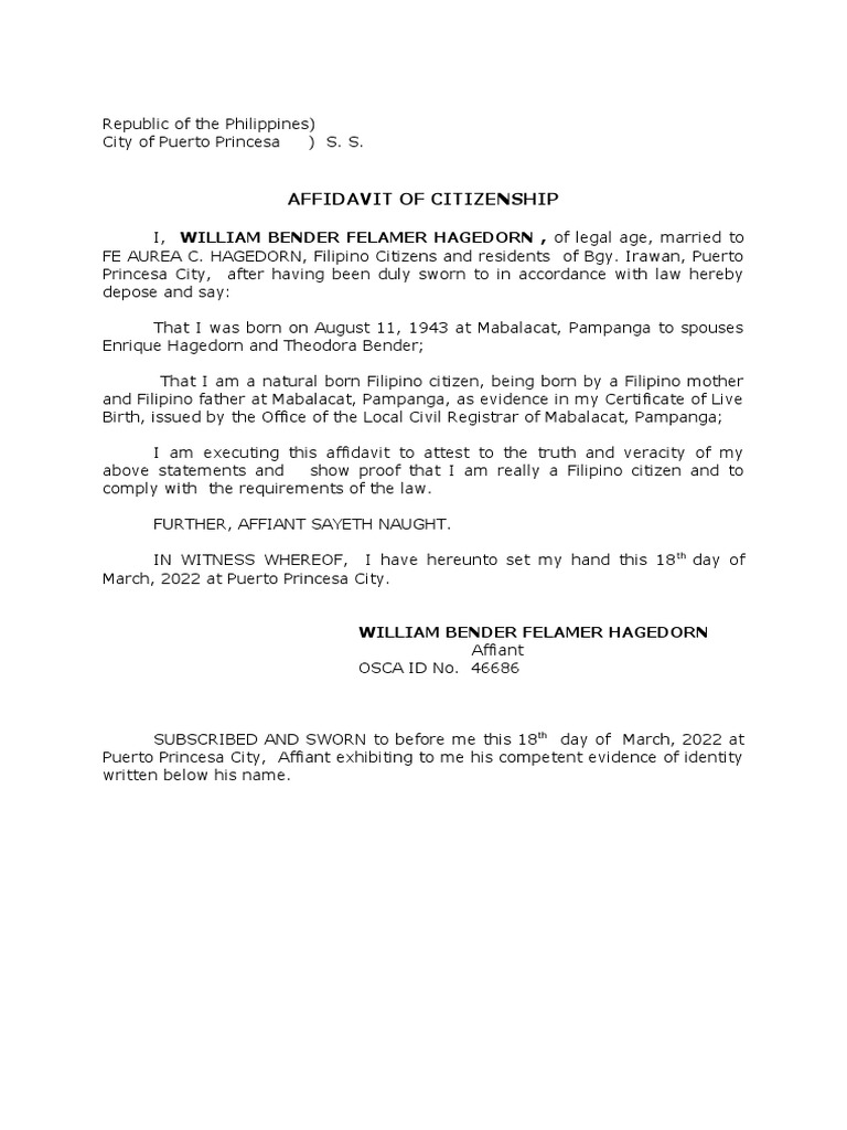 Affidavit of Citizenship | PDF