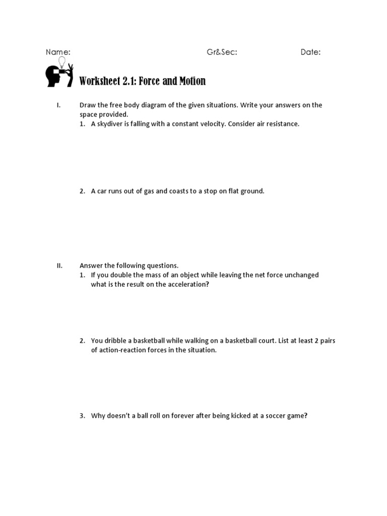 Force and Motion Worksheet 2.1 | PDF