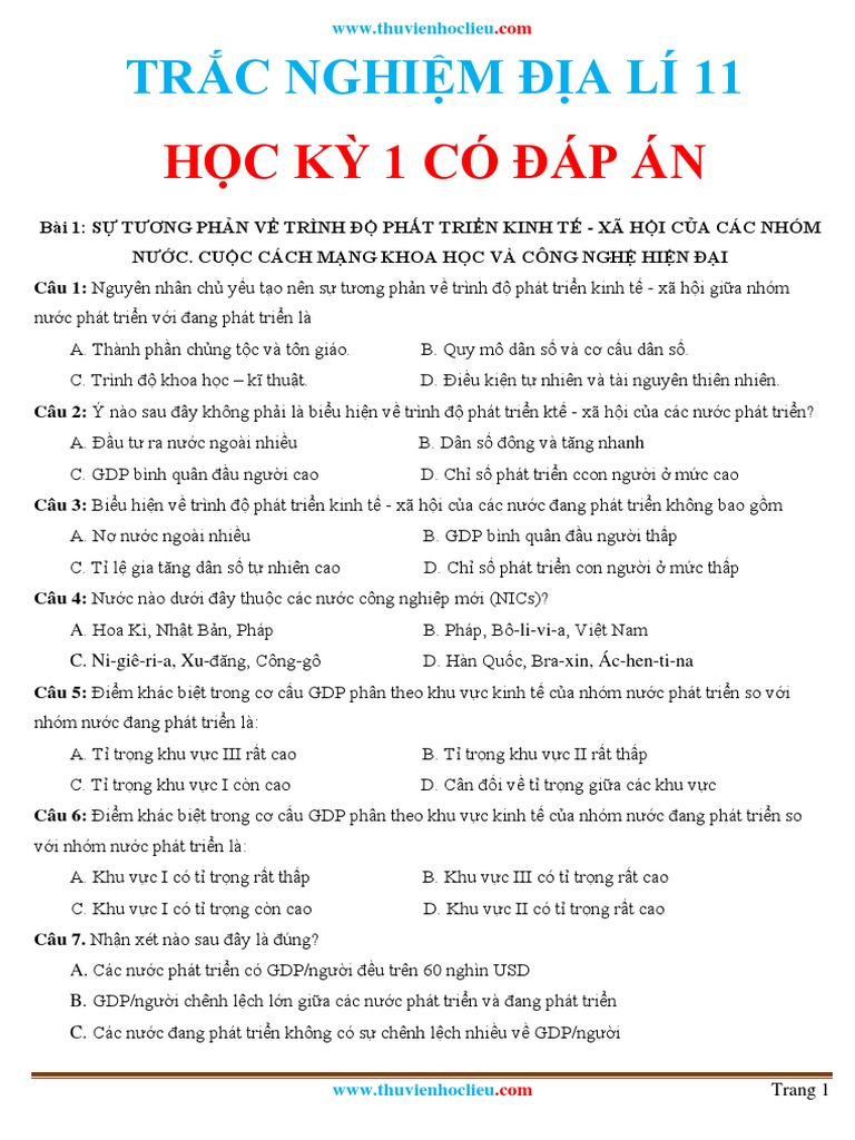 Trac Nghiem Dia Ly 11 HK1 CO DAP AN | PDF