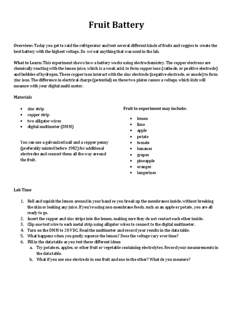Unit10 Fruit Battery | PDF | Electrochemistry | Electrolyte