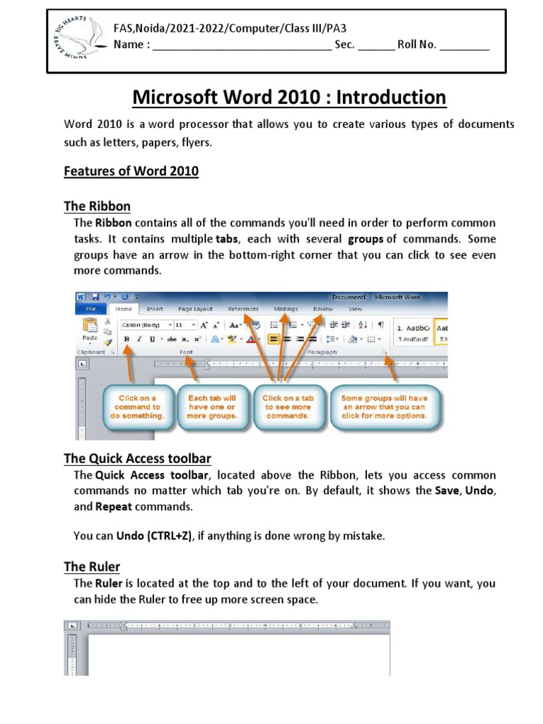 MS Word 2010 Basics for Class 3 | PDF | Microsoft Word | Microsoft Windows