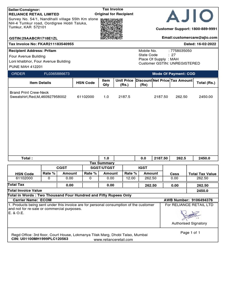 Order FL0365886673: Mode of Payment: COD | PDF | Invoice | Business