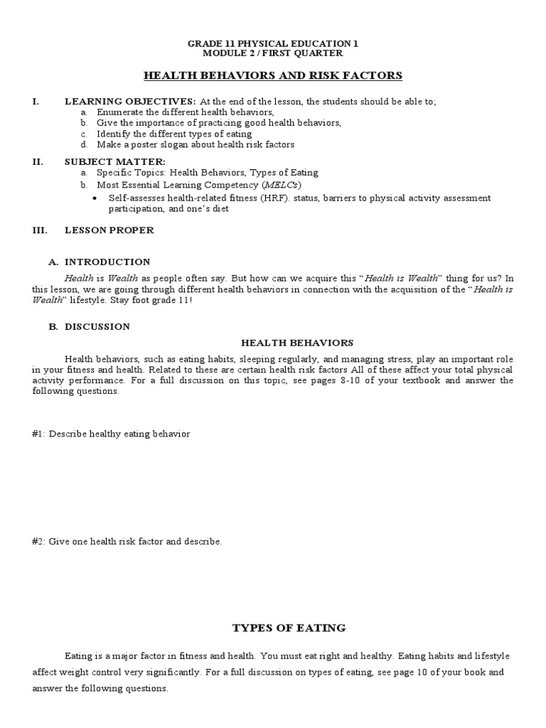 Health Behaviors and Risk Factors: I. LEARNING OBJECTIVES: at The End ...