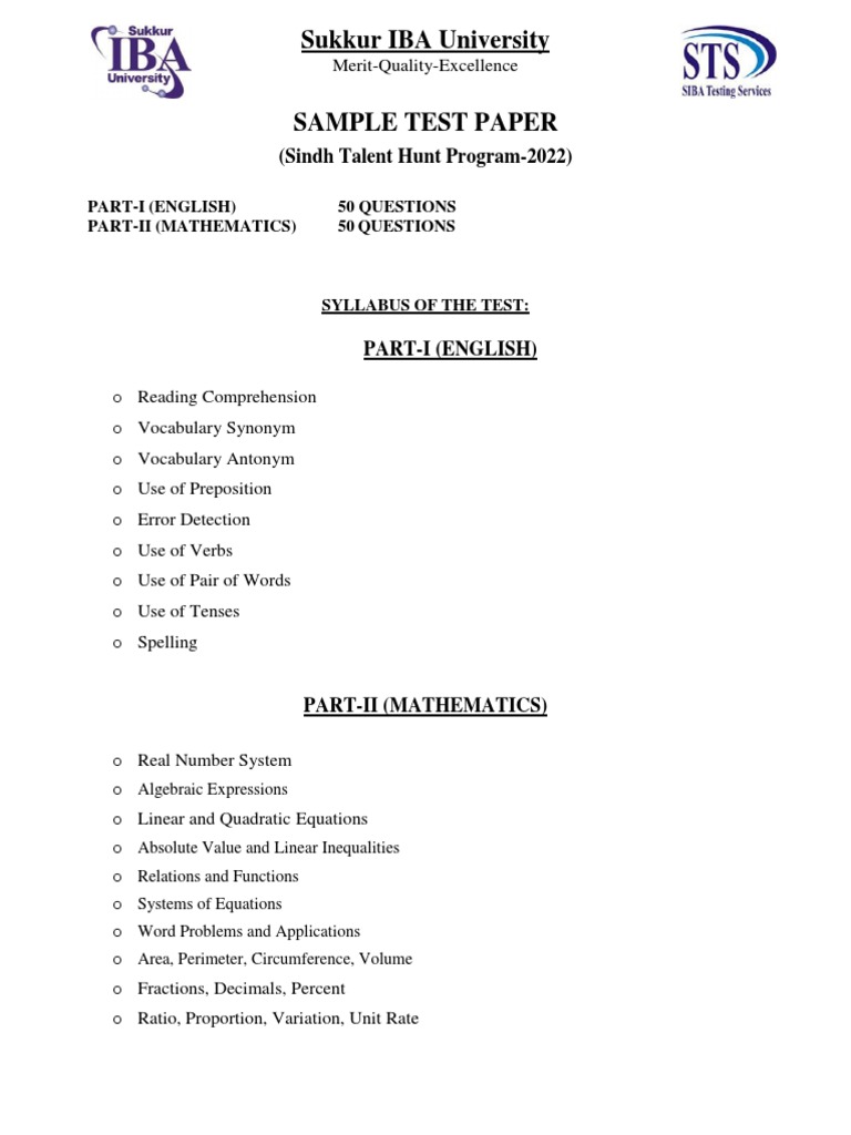 IBA Sukkur Entry Test Sample Paper | PDF | Equations | Ratio
