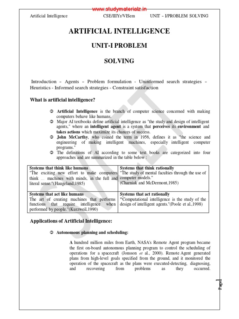 CS8691-Artificial Intelligence NOTES 1 | PDF | Artificial Intelligence ...