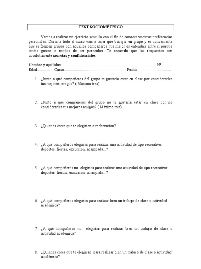 Test Sociométrico | PDF | Relaciones personales, crianza y desarrollo ...