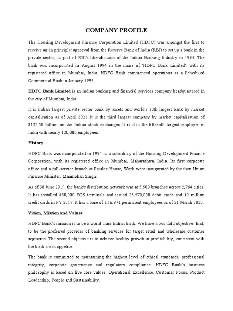 HDFC Bank Company Profile | PDF | Banks | Business
