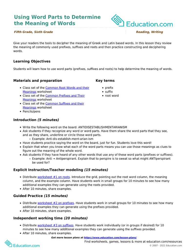Using Word Parts To Determine The Meaning of Words: Learning Objectives ...