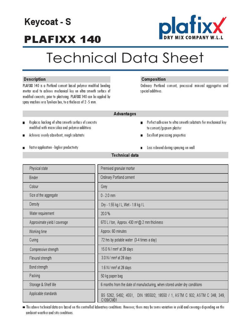Technical Data Sheet: Plafixx 140 | PDF | Concrete | Cement