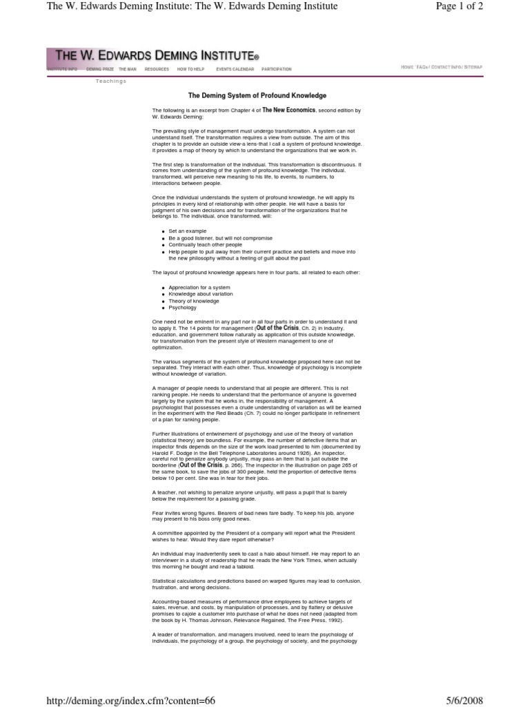 The Deming System of Profound Knowledge: Teachings | PDF | System ...
