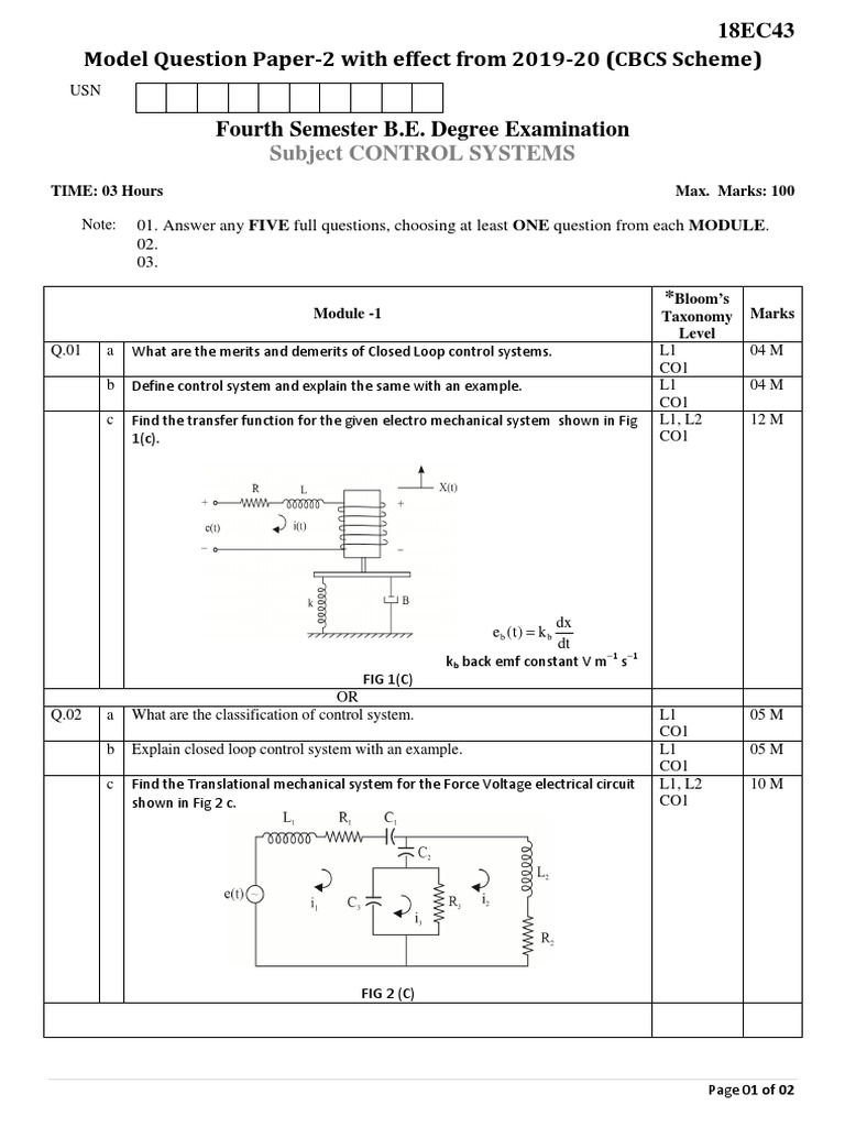 Subject Control Systems: 18EC43 Model Question Paper-2 With Effect From ...