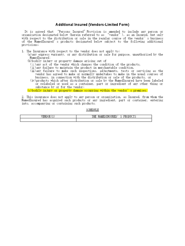 Additional Insured Wording - Incld Vendor Limited and Broad Form | PDF ...