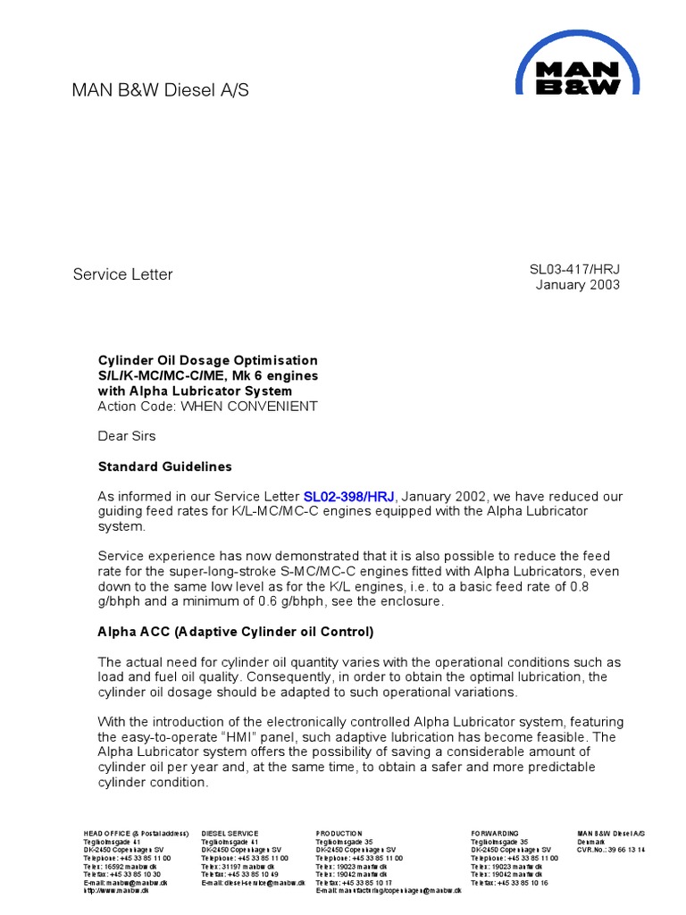 MAN B&W Diesel A/S: Service Letter | Download Free PDF | Fuel Oil | Piston