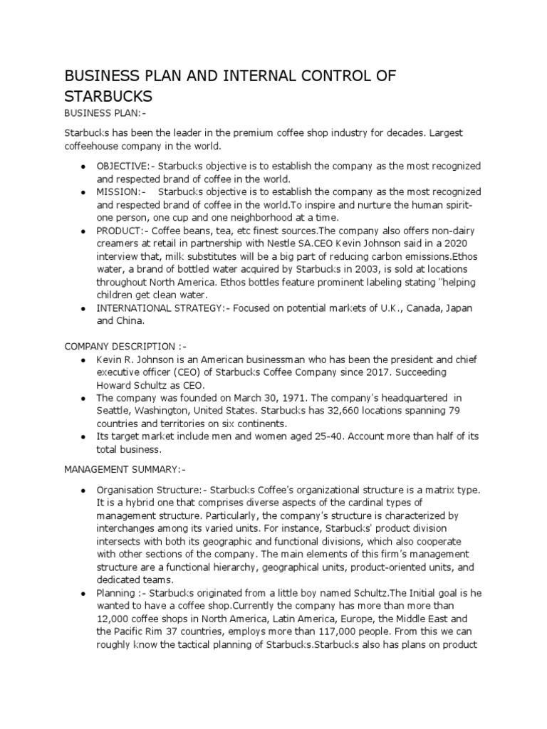 Business Plan and Internal Control of Starbucks | PDF | Starbucks | Retail