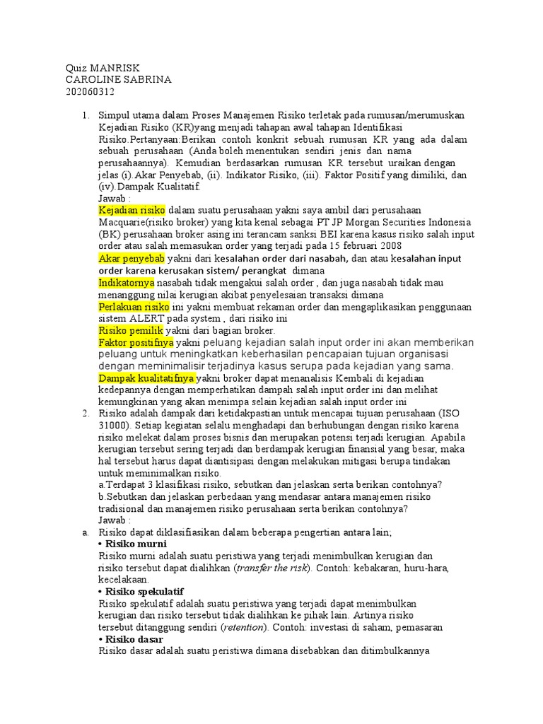 Quiz MANRISK | PDF | Pengelolaan Keuangan & Uang