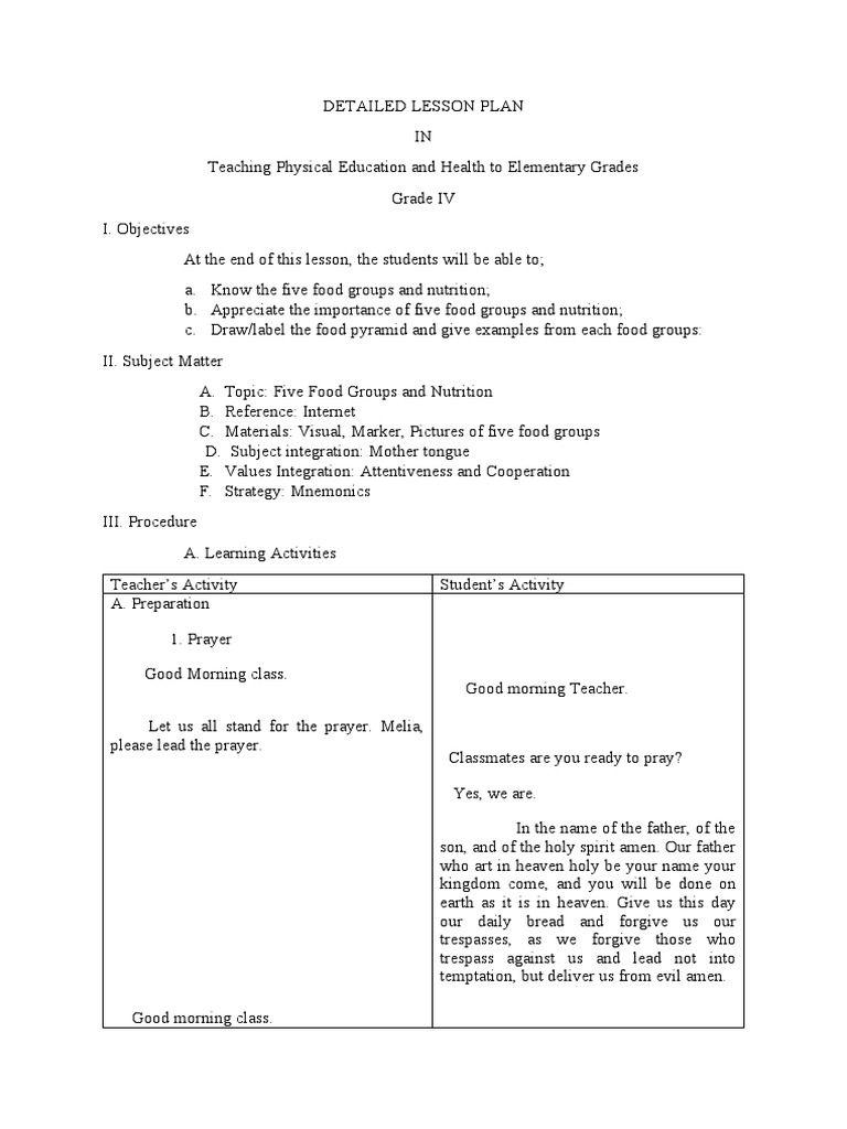 Grade 4 Food Groups Lesson Plan | PDF | Foods | Teachers