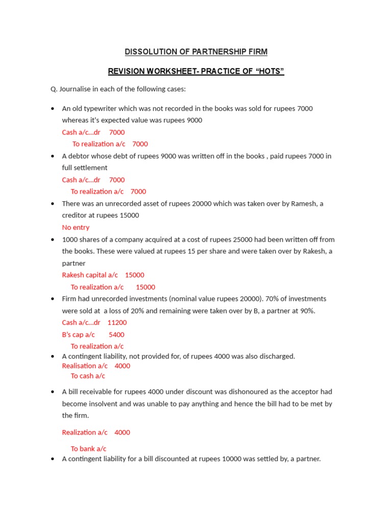 Revision Worksheet-Practice of "Hots": Dissolution of Partnership Firm ...