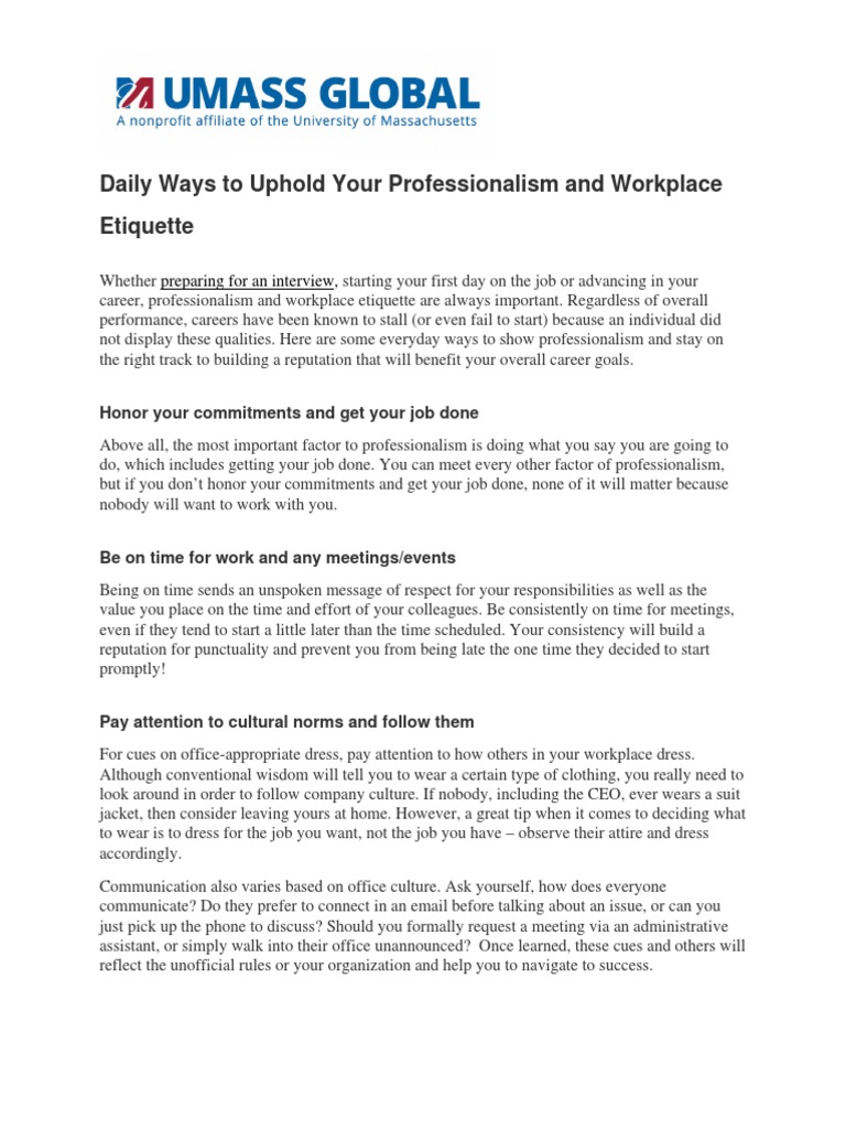Daily Ways To Uphold Your Professionalism and Workplace Etiquette | PDF ...