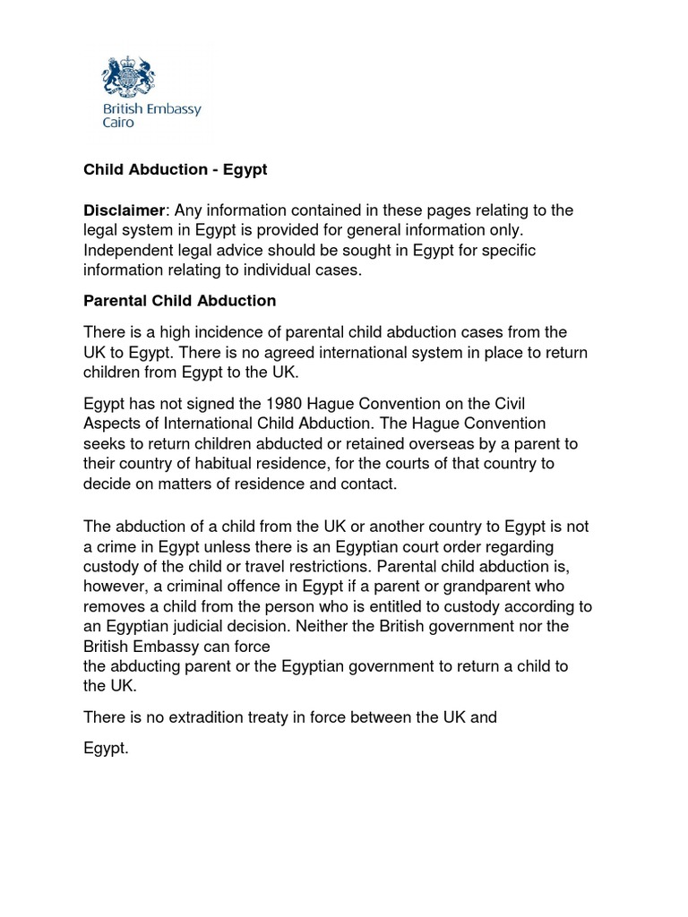 Egypt - Child Abduction | PDF | Child Custody | Justice