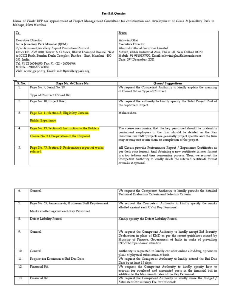 Pre Bid Queries | PDF | Economies | Business