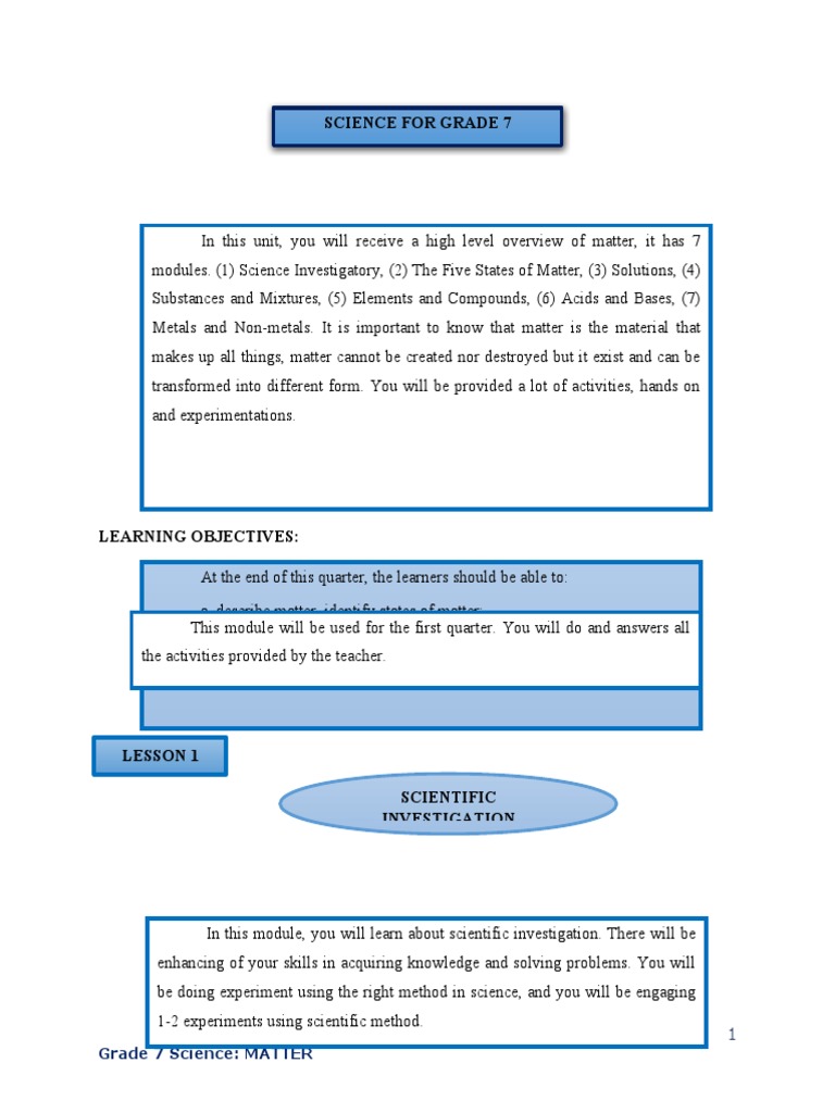Science For Grade 7 (1ST Quarter Module) | PDF | Mixture | Scientific ...