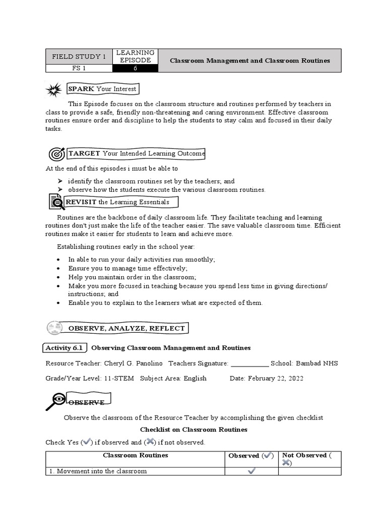 FIELD STUDY 1 Episode 6 | PDF | Classroom | Classroom Management