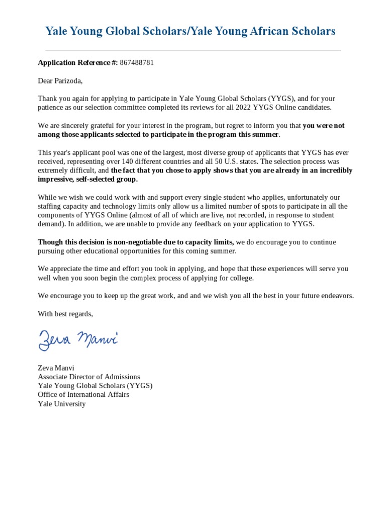 Yale Young Global Scholars/Yale Young African Scholars: Application ...