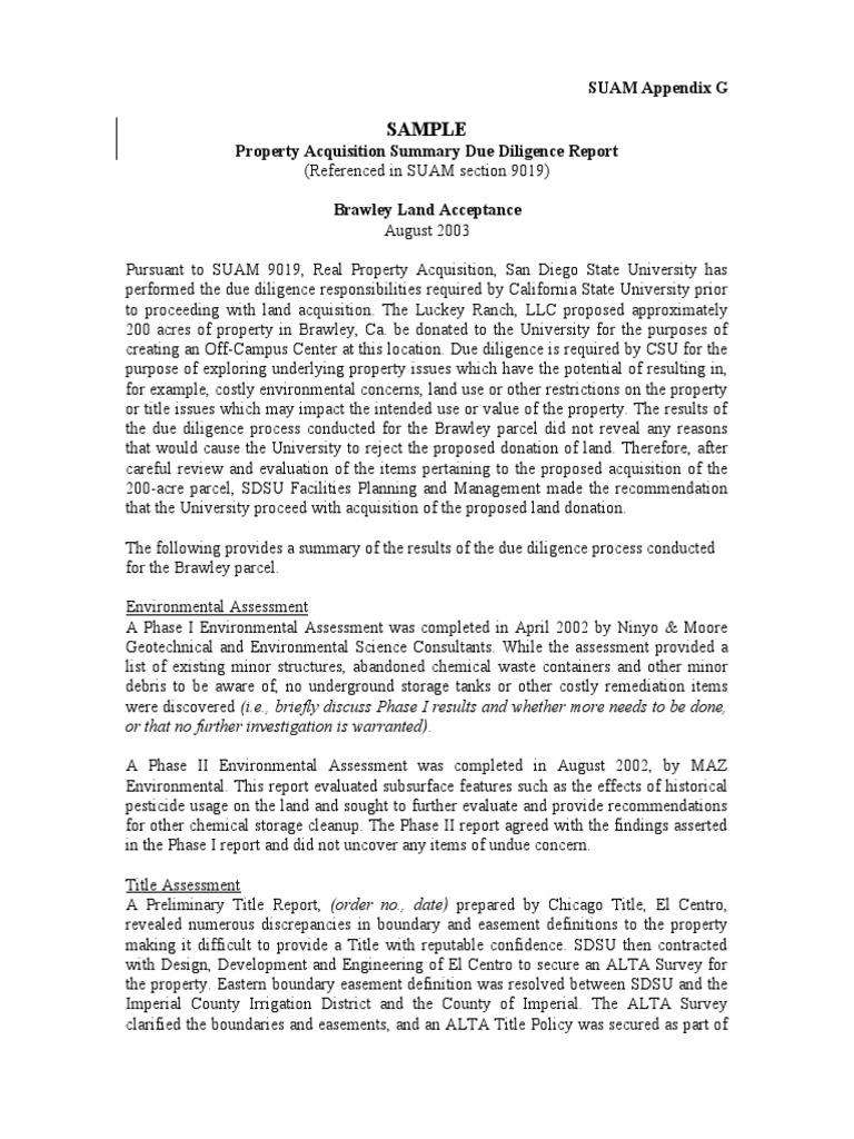 Sample: SUAM Appendix G Property Acquisition Summary Due Diligence ...