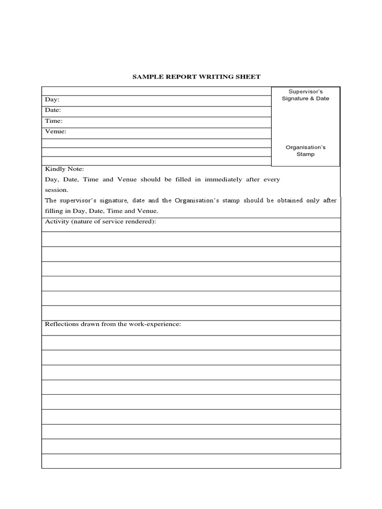 Sample Report Writing Sheet: Supervisor's Signature & Date | PDF