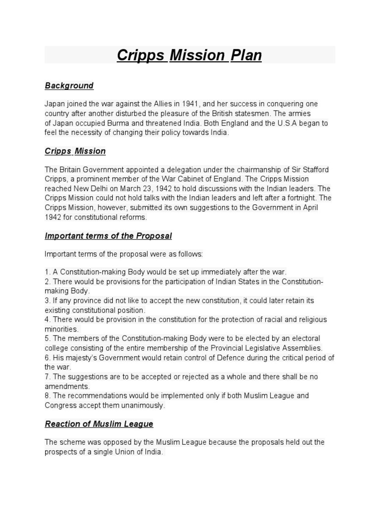 Cripps Mission Plan: Background | PDF | British Raj | Muhammad Ali Jinnah