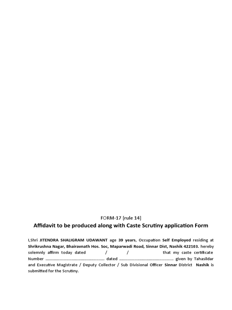Affidavit To Be Produced Along With Caste Scrutiny Application Form | PDF