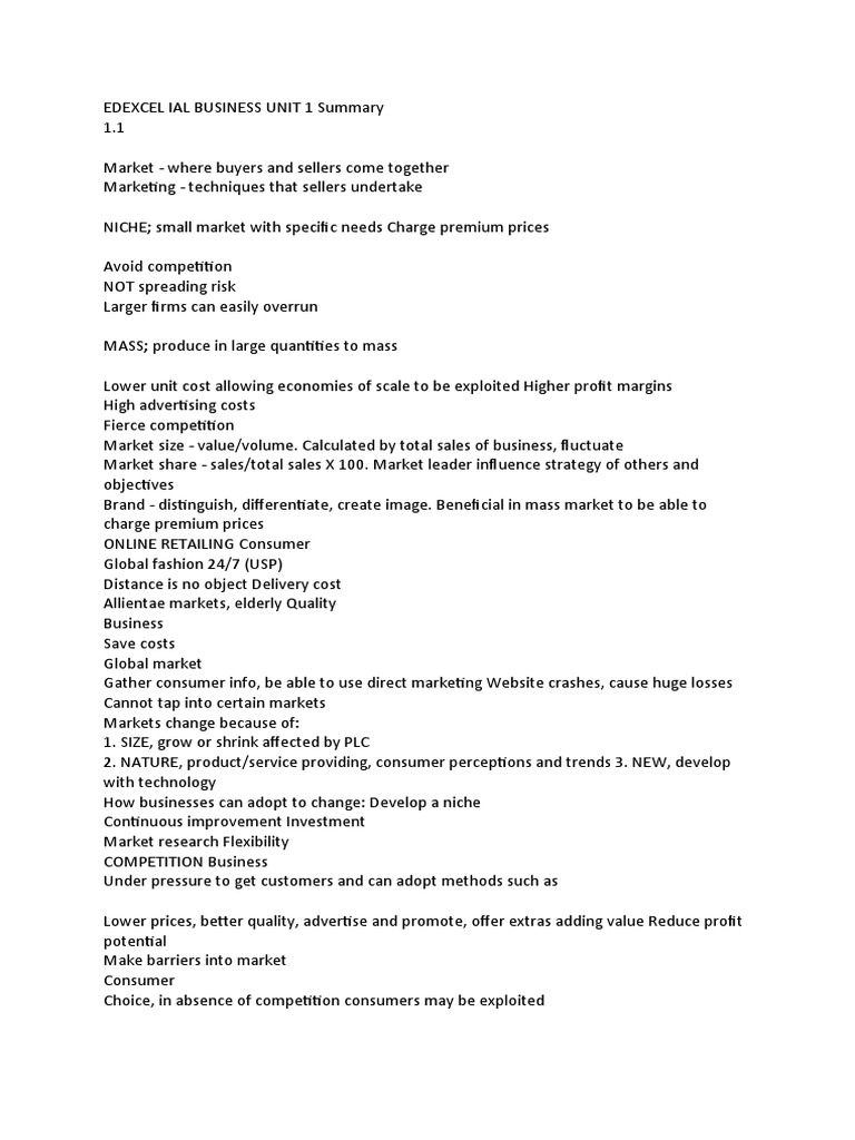 Edexcel IAL Business Unit 1 Overview | PDF | Demand | Elasticity ...