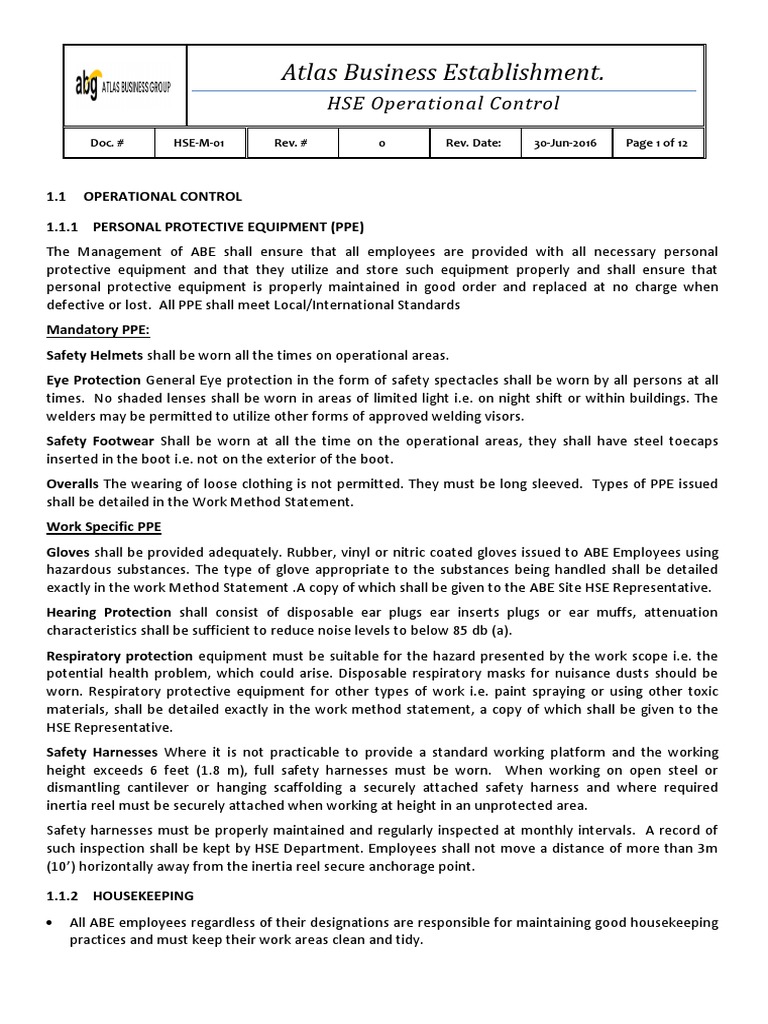 Hse Operational Control | PDF | Personal Protective Equipment | Welding