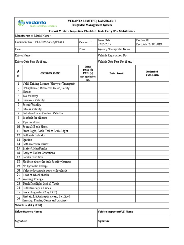 Bulker Inspection Checklist GE | PDF | Vehicles | Automotive Industry