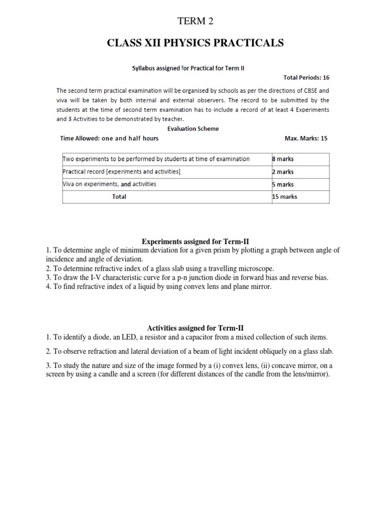 Class XII Physics Term II Practicals | PDF | P–N Junction | Prism