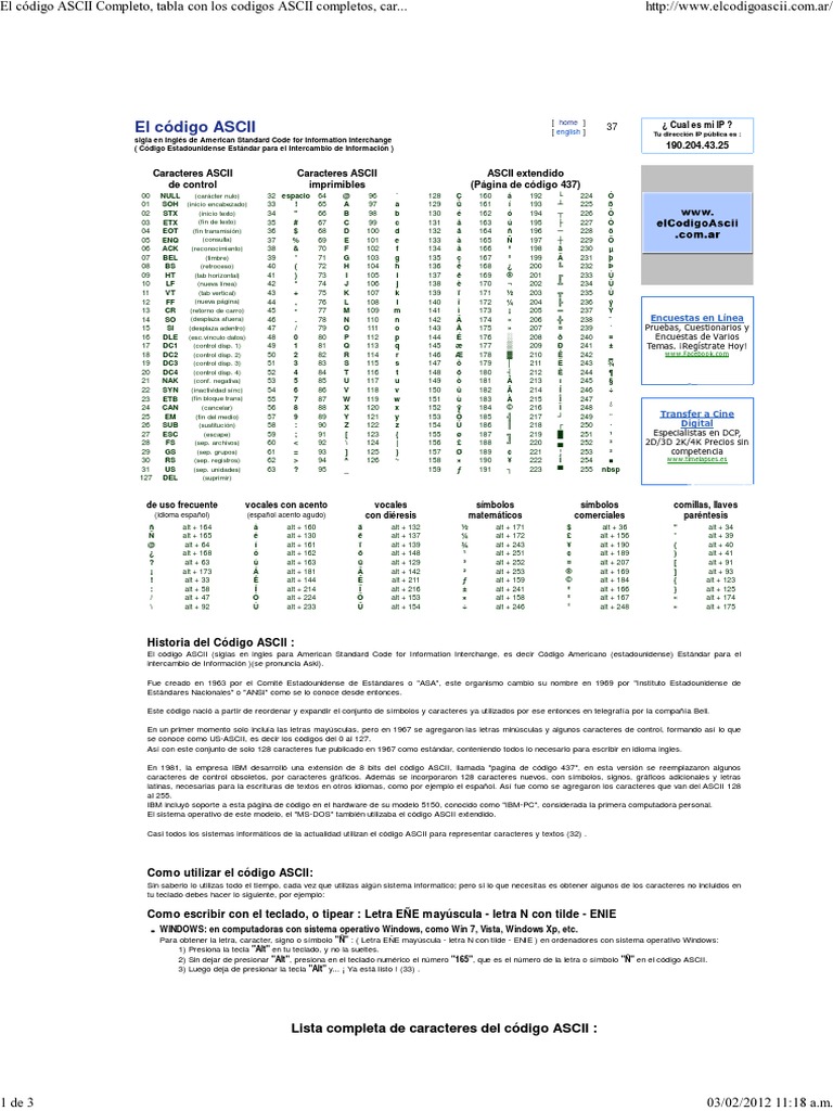 El Codigo Ascii Completo Tabla Con Los Codigos Ascii Completos ...