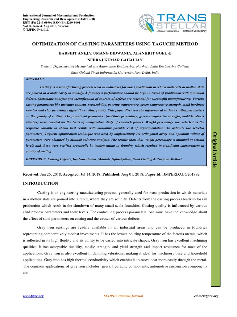 Optimization of Casting Parameters Using Taguchi Method | PDF | Casting | Foundry