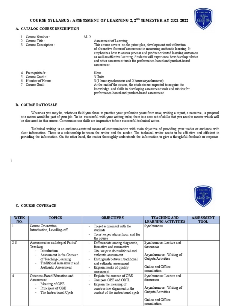 Assessment of Learning - Course Syllabus | PDF | Educational Assessment ...