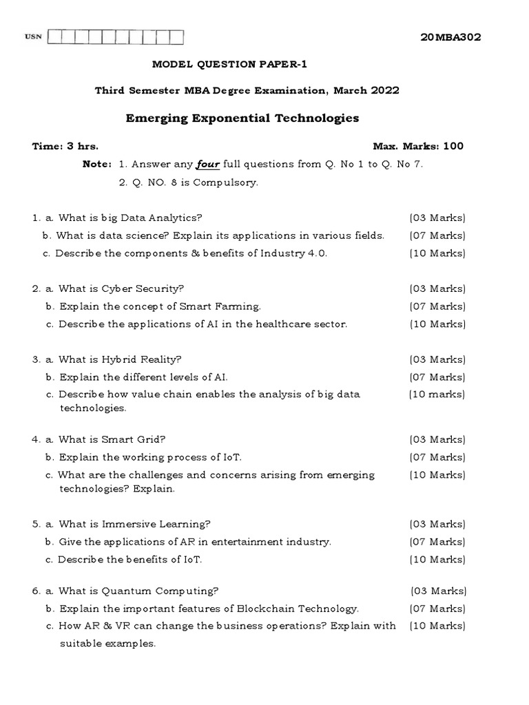 Emerging Exponential Technologies: Model Question Paper for Third ...