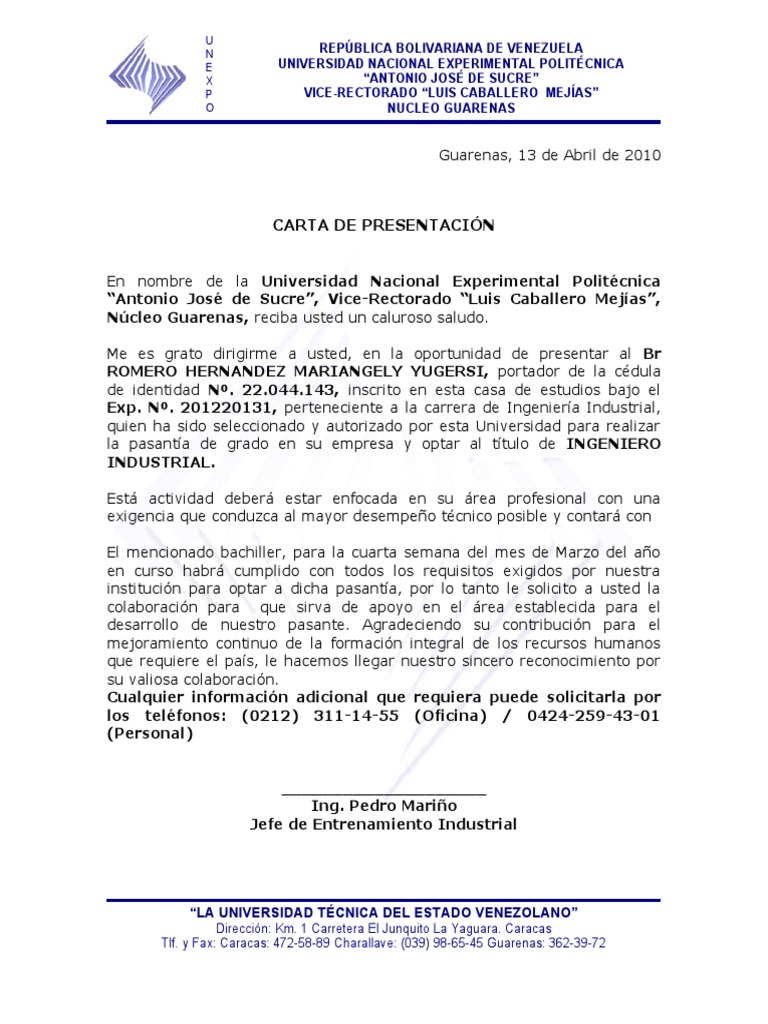 CARTA DE PRSENTACION Y POSTULACION Mariangely | PDF | Venezuela