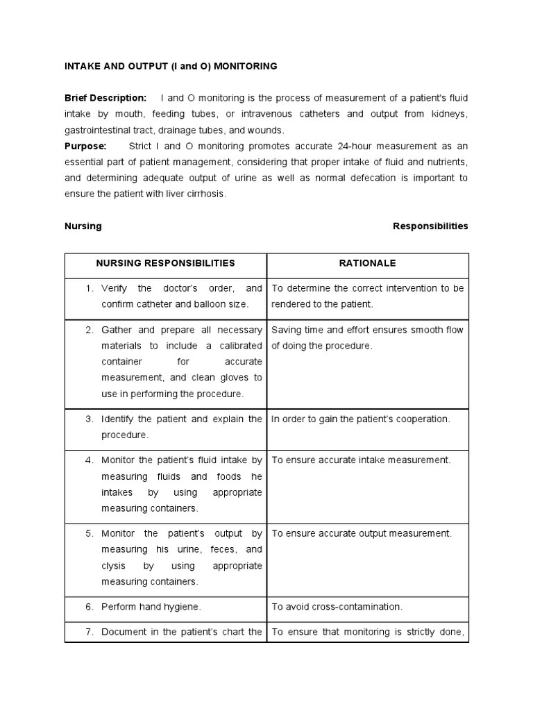 Intake and Output (I and O) Monitoring Brief Description | PDF ...