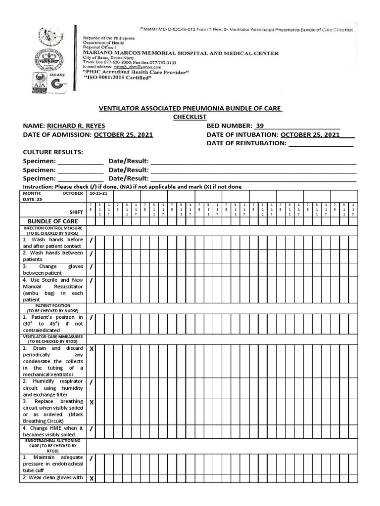 VENTILATOR ASSOCIATED PNEUMONIA BUNDLE OF CARE Checklist | PDF ...