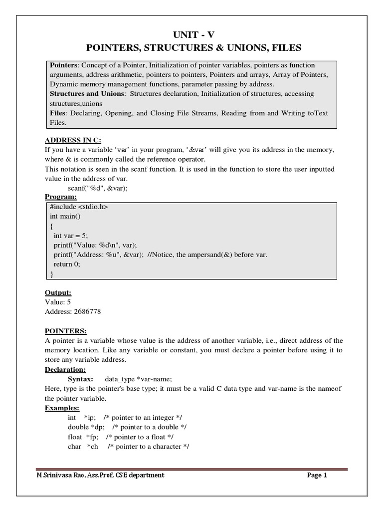 C Pointers, Structures, Unions and File Handling | PDF | Pointer (Computer Programming ...