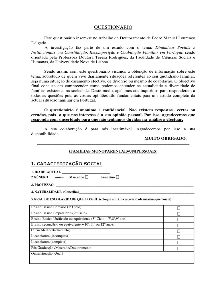 ANEXO IV - Modelo Questionário | PDF | Família | Divórcio
