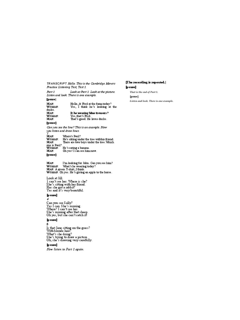 Cambridge Movers Listening Test 1 | PDF
