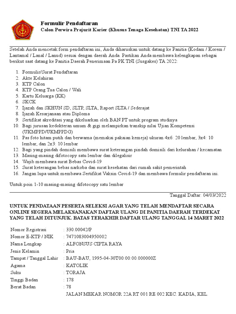 Https:/rekrutmen Tni - Mil.id/dashboard/cetak Form | PDF