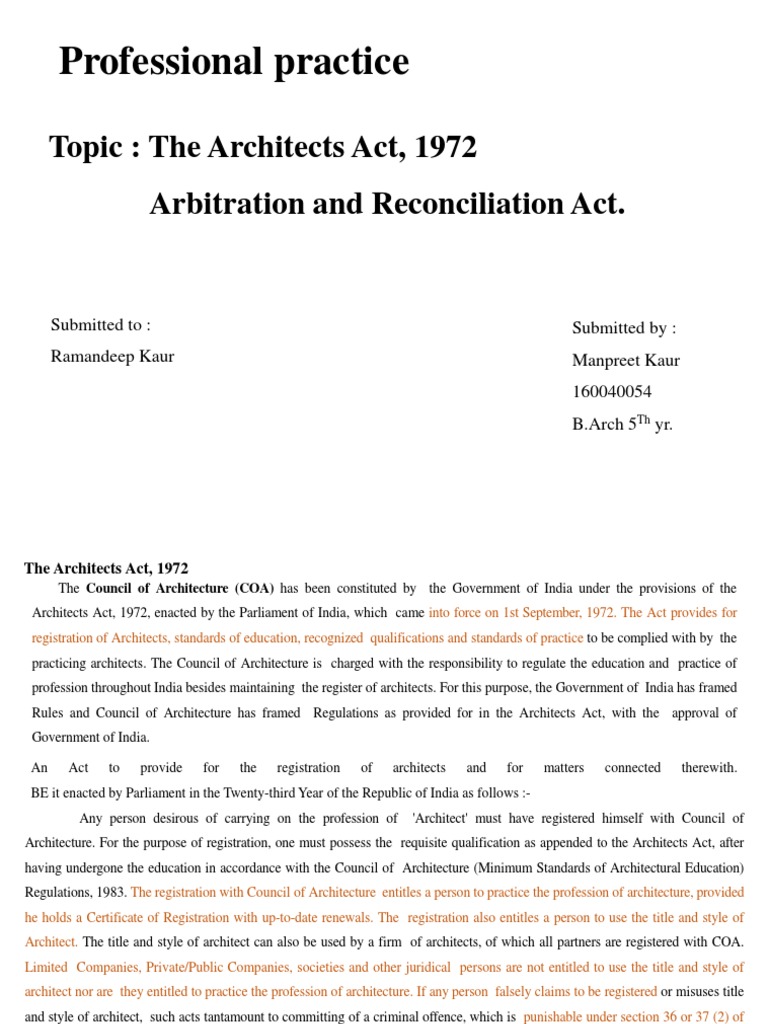 Professional Practice: Topic: The Architects Act, 1972 Arbitration and ...