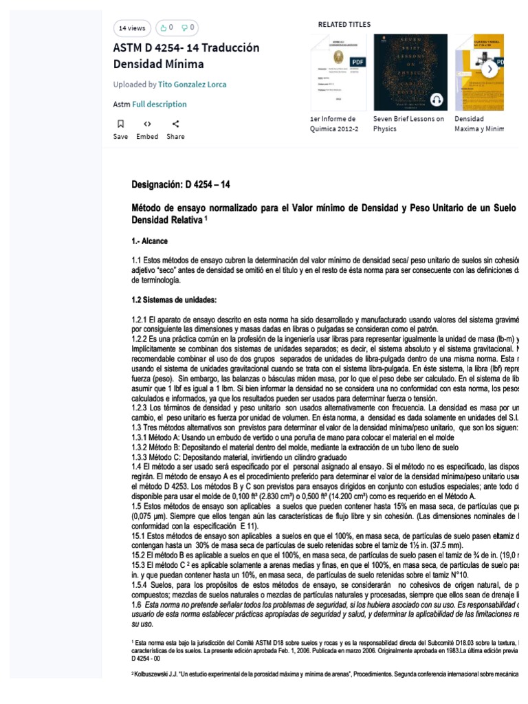 PDF Astm D 4254 14 Traduccion Densidad Minima Compress | PDF | Densidad ...