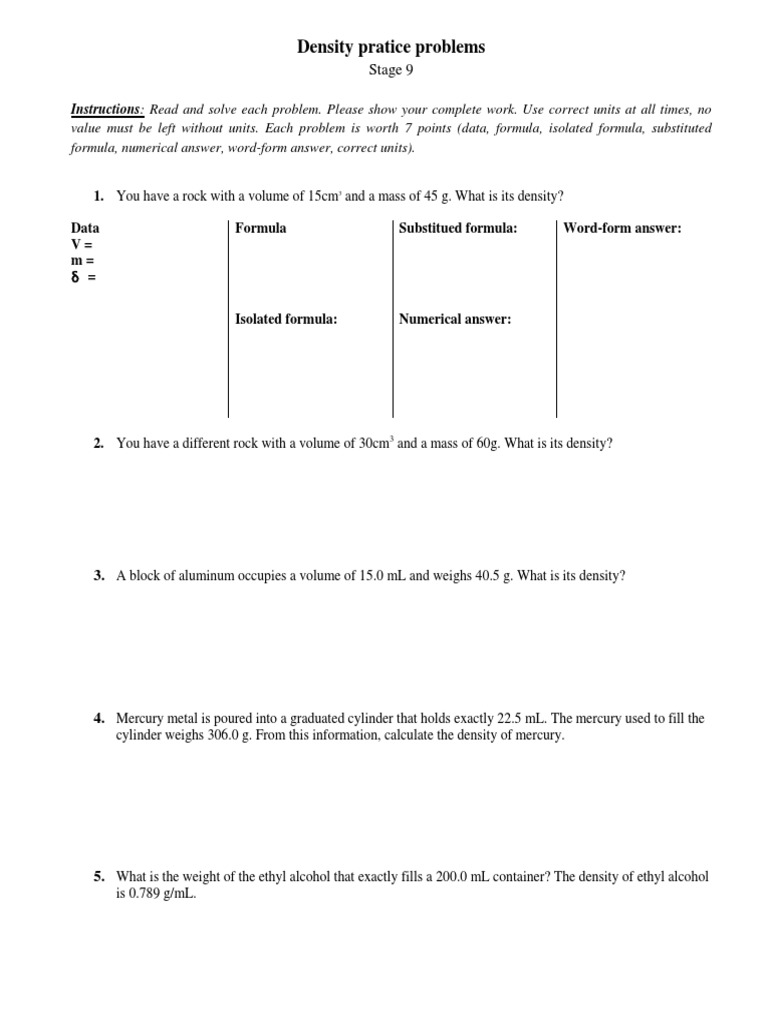 Density Determinations: A Collection of Practice Problems Involving the ...