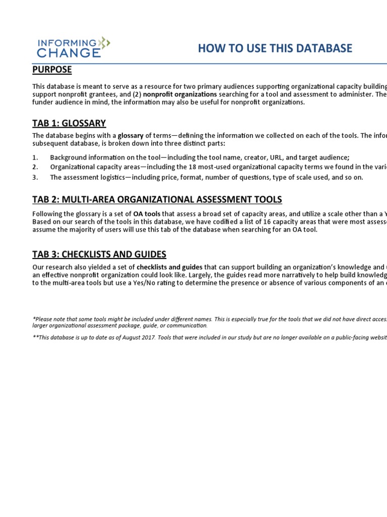 Organization Capacity Assessment Tool Database 2017 | PDF | Strategic ...